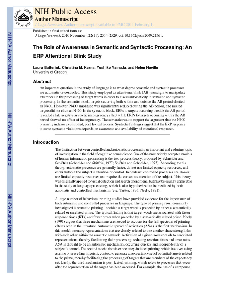 The Role of Awareness in Semantic and Syntactic Processing | PDF ...