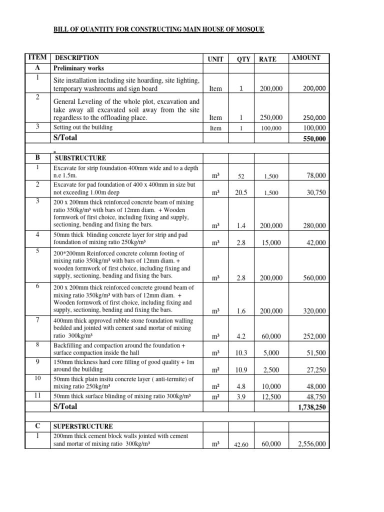 Element - 111 - 579-Bill of Quantity For Constructing Main House of ...