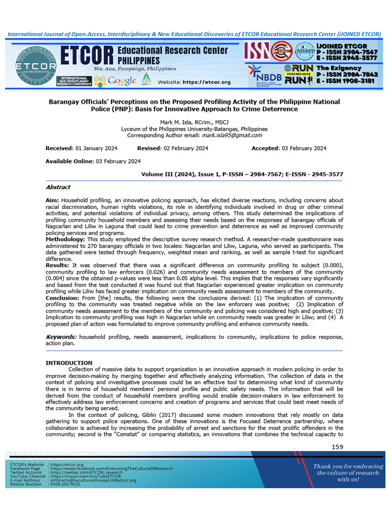 Barangay Officials Perceptions On The Proposed Profiling Activity Of The Philippine National