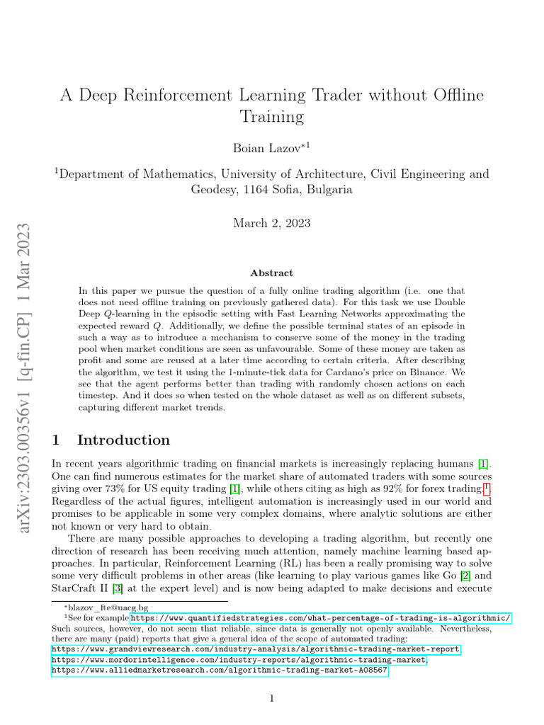 A Deep Reinforcement Learning Trader Without Offline Training | PDF ...