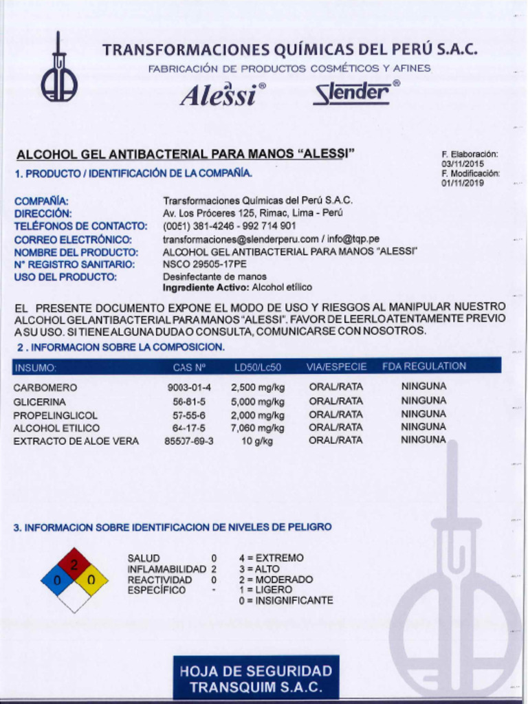 MSDS ALCHOL GEL 70° ALESSI v.2 | PDF