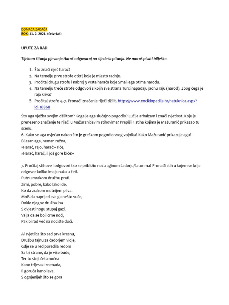 Ivan Mažuranić, SMRT Smail-Age Čengića (Harač) Nastavni Listić | PDF