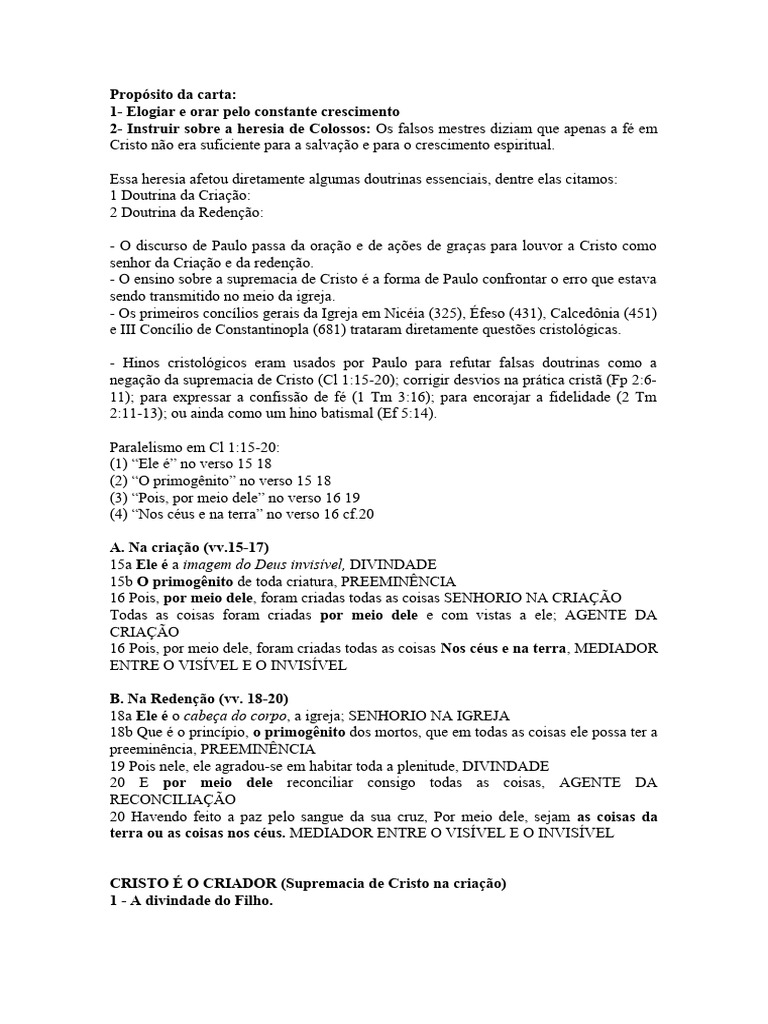 Supremacia de Cristo em Colossenses 1:15-20 | PDF | Jesus | Deus