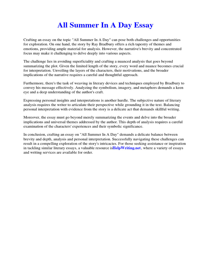 All Summer in A Day Essay | PDF