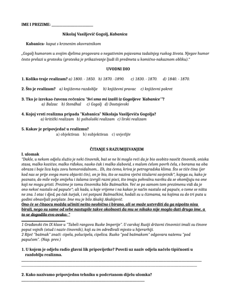 Gogolj, KABANICA, Nastavni Listić | PDF