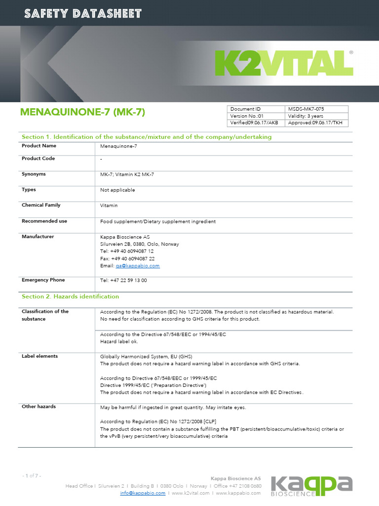 MSDS - Vitamina K2 | PDF | Physical Sciences | Occupational Safety And Health