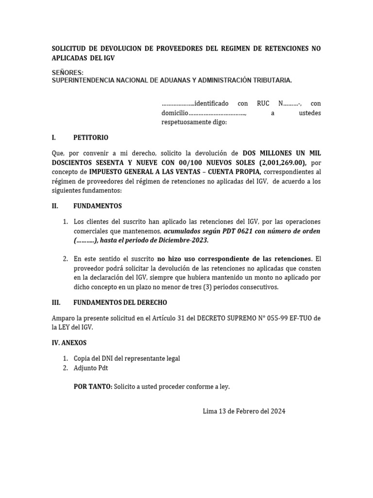 MODELO Carta Devolucion de RETENCION | PDF | Finanzas y dinero