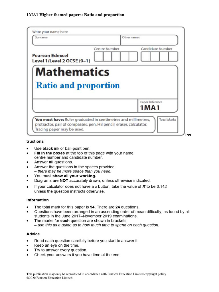 35a Ratio and Proportion - H - Question Paper | PDF | Density | Cakes
