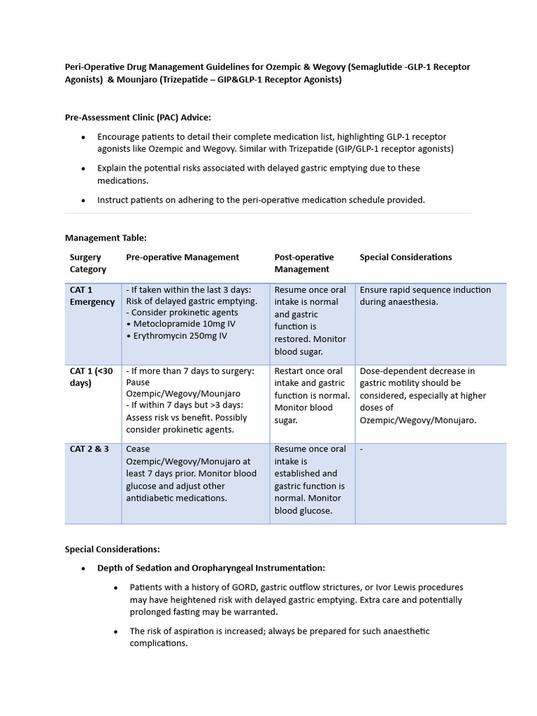 Peri-Op Guidelines for GLP-1 Agonists | PDF