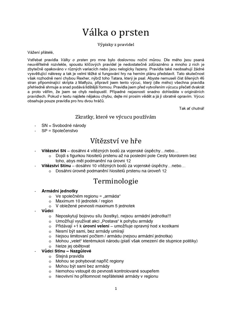 Valka o Prsten Druha Edice Valka o Prsten Pravidlovy Vycuc CZ | PDF