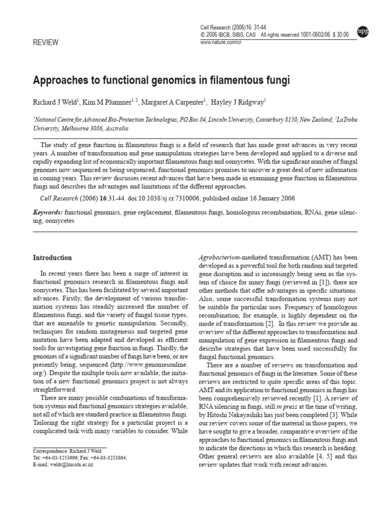 Weld y Col. 2006. Approaches To Functional Genomics in Filamentous Fungi | PDF | Rna ...