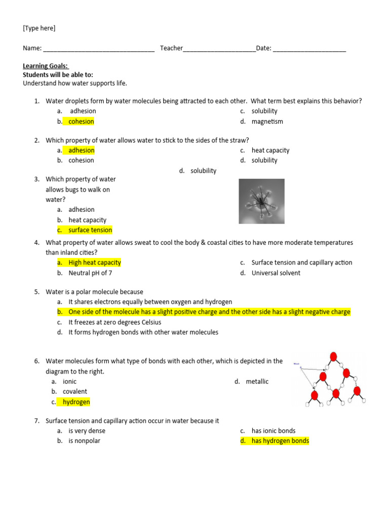 Formative QUIZ (Properties of Water) | PDF
