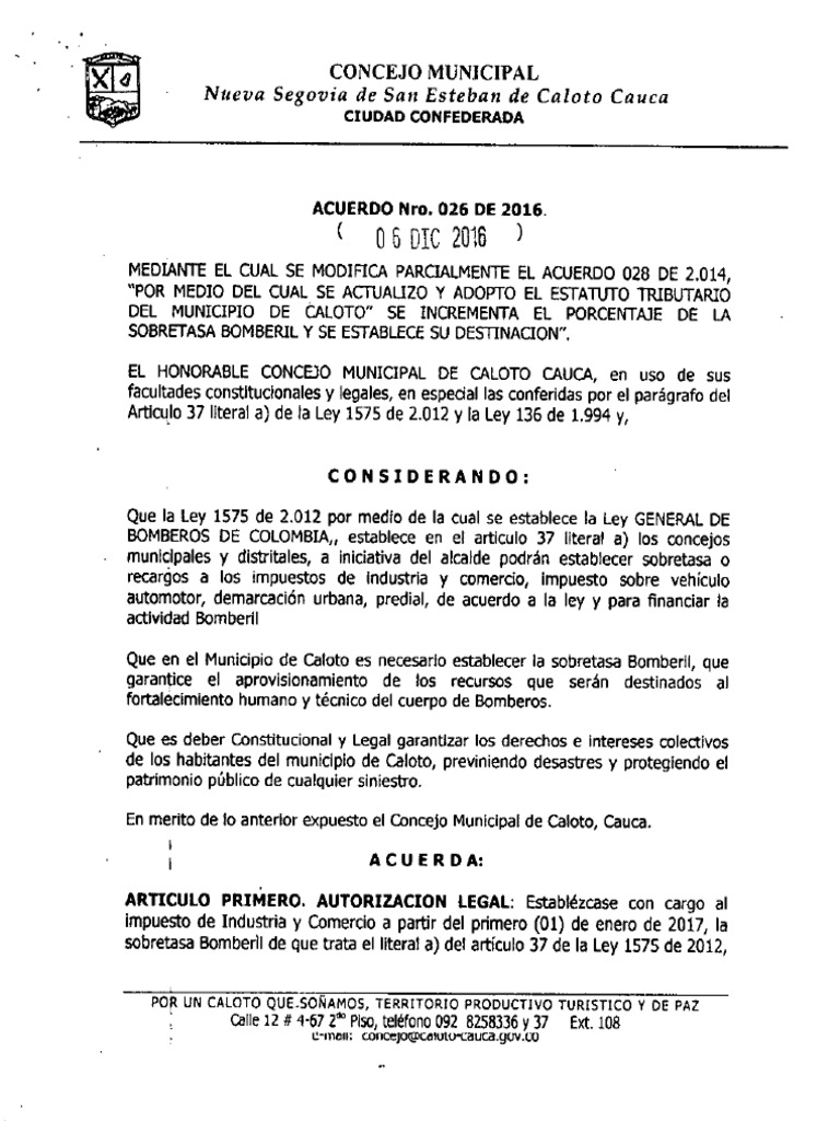 Acuerdo 026 2016 Incremento Sobretasa Bomberil | PDF | Impuestos | Alcalde