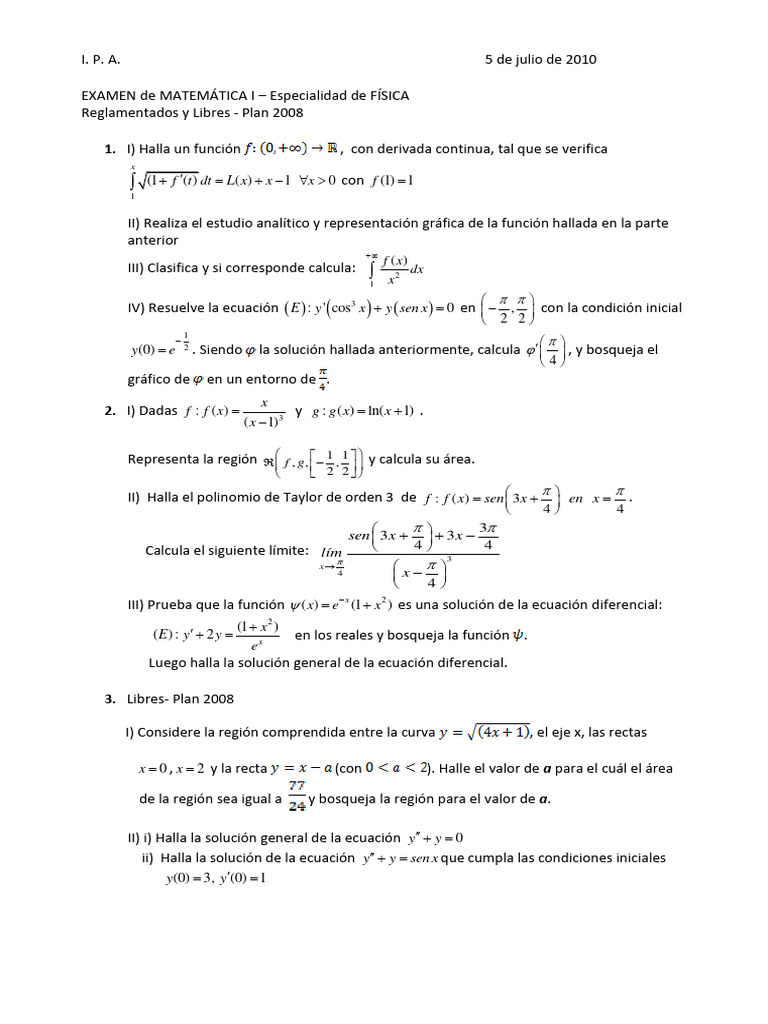 Examen de Matemática I: Física 2010 | PDF | Ecuaciones | Función ...