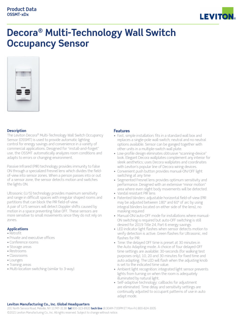 Decora Multi-Technology Wall Switch Occupancy Sensor OSSMT Data Sheet Occupancy Sensors | PDF ...