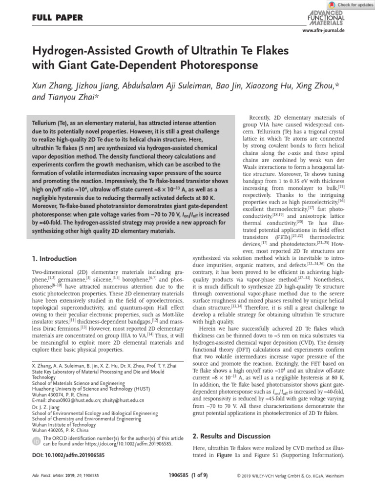 Adv Funct Materials - 2019 - Zhang - Hydrogen Assisted Growth of ...