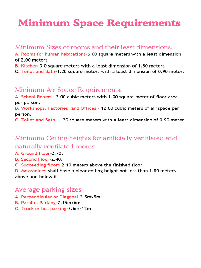 Minimum Space Requirements: Minimum Sizes of Rooms and Their Least Dimensions | PDF