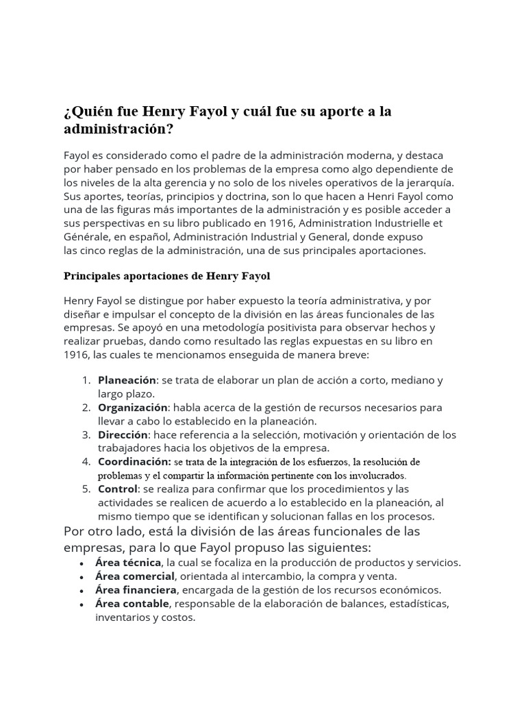 Aportaciones de Henry Fayol a la administración | PDF | Business ...