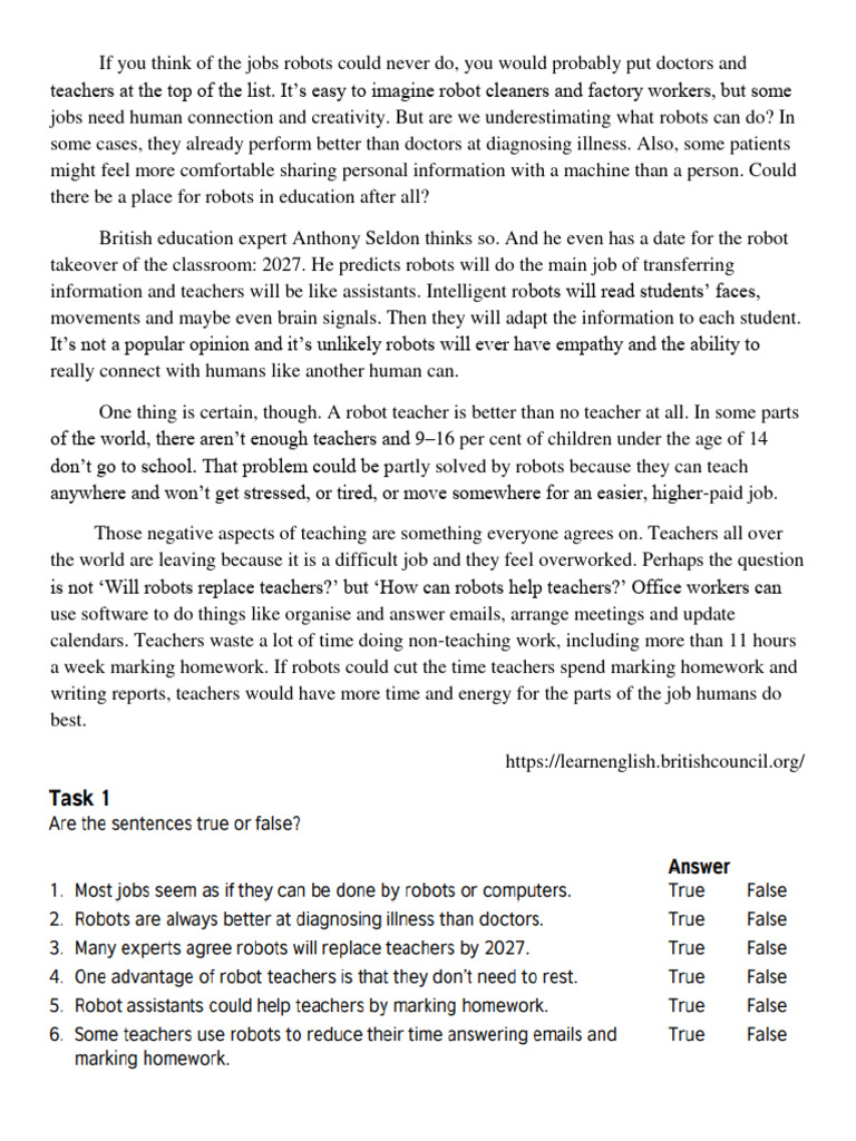 Robot Teachers Reading | PDF