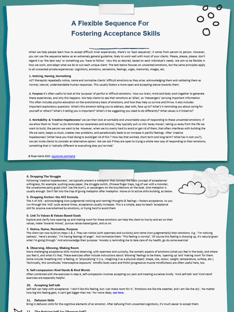 A Flexible Sequence For Teaching Acceptance Skills Russ Harris Pdf Feeling Emotions
