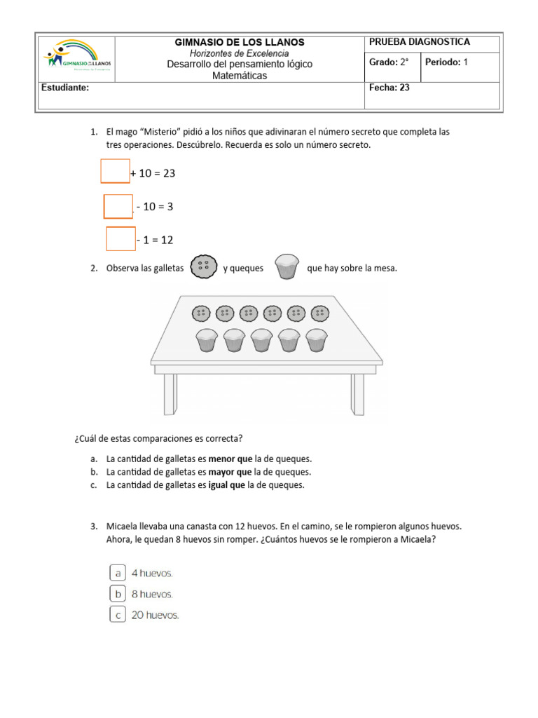Prueba Diagnóstica Matemáticas 2° Grado | PDF