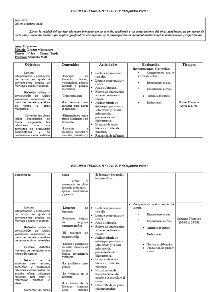Planificacion Cuarto Año 2019 | PDF | Comprensión lectora | Crítica ...