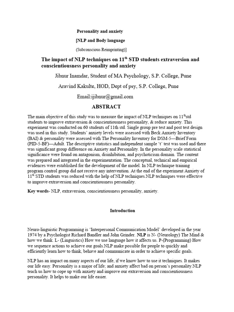 Personality and Anxiety NLP and Body Lan | PDF | Neuro Linguistic Programming | Psychology