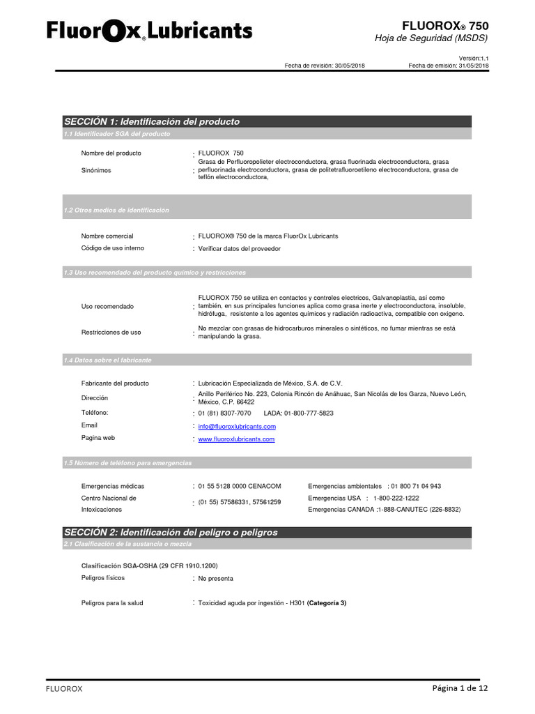 MSDS FLUOROX 750 VERSION 1.1-PDF-09-07-23 | PDF | Agua | Química