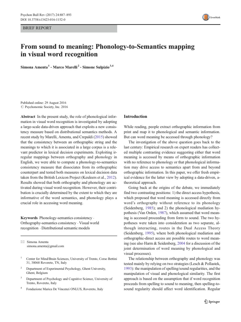 From Sound To Meaning - Phonology-to-Semantics Mapping in Visual Word Recognition | PDF | Word ...