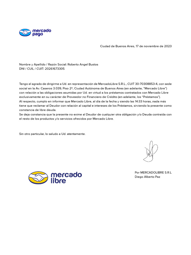 Certificado de Libre Deuda Mercado Pago | PDF