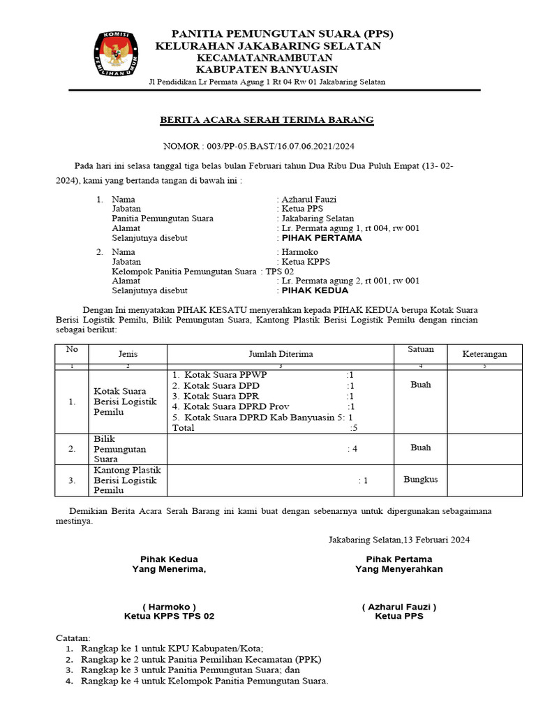 PPS KE KPPS BERITA ACARA SERAH TERIMA BARANG tps2 | PDF