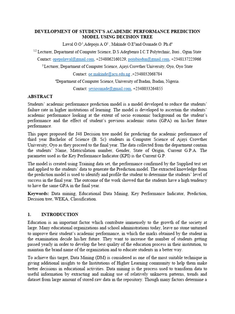 Development of Student's Academic Performance Prediction Model | PDF | Data Mining | Machine ...