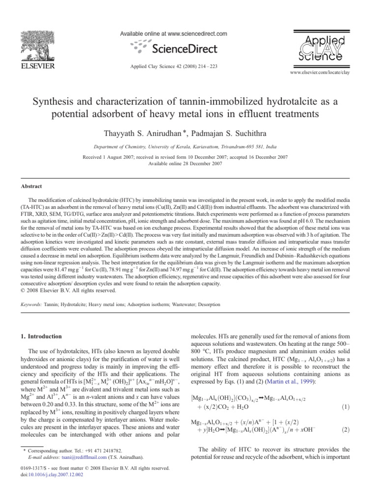 Anirudhan 2008 | PDF | Adsorption | Ph