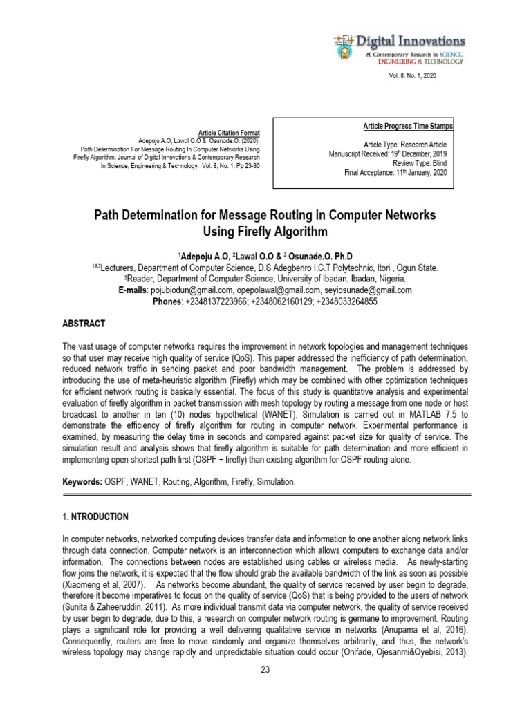 Path Determination For Message Routing (Journal) 2020 | PDF | Routing | Computer Network