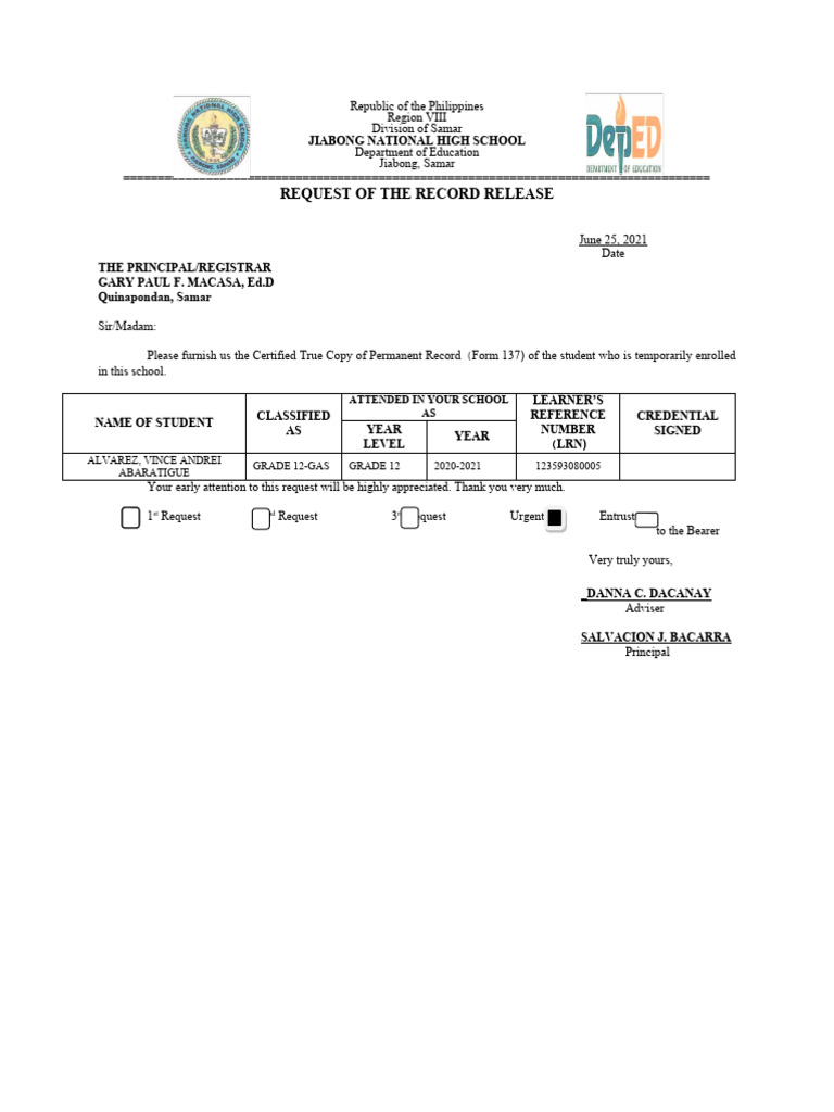 Form 137 Request Form | PDF