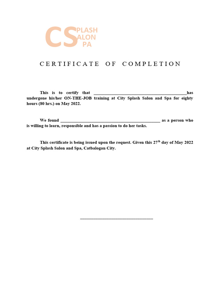 OJT Cert of Completion | PDF | Behavior Modification