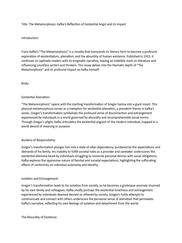 Metamorphosis Kafka's Reflection of Existential Angst | PDF | The ...