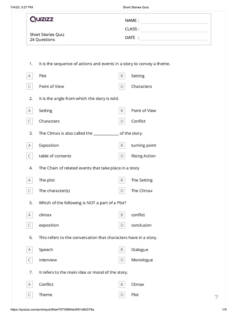 Short Stories Quiz With ANSWERS | PDF | Plot (Narrative)