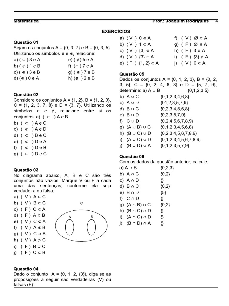 Exercícios de Teoria dos Conjuntos | PDF | Conjunto vazio (Matemática ...