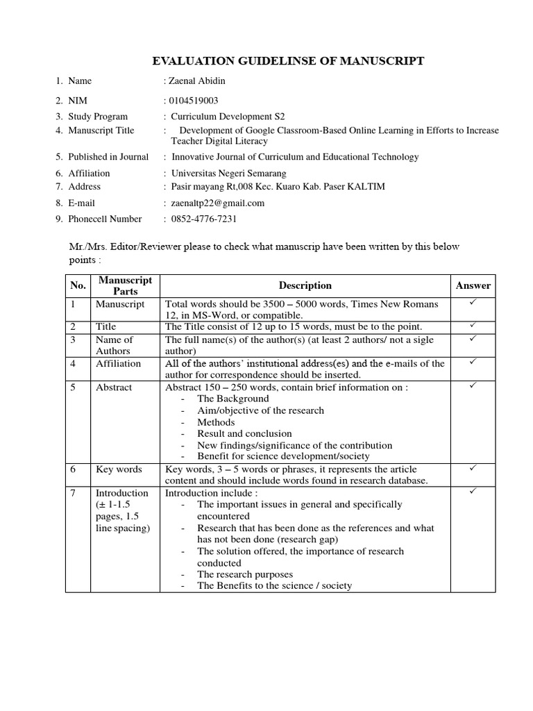 Evaluation Guidelinse of Manuscript - Zaenal Abidin | PDF | Science ...