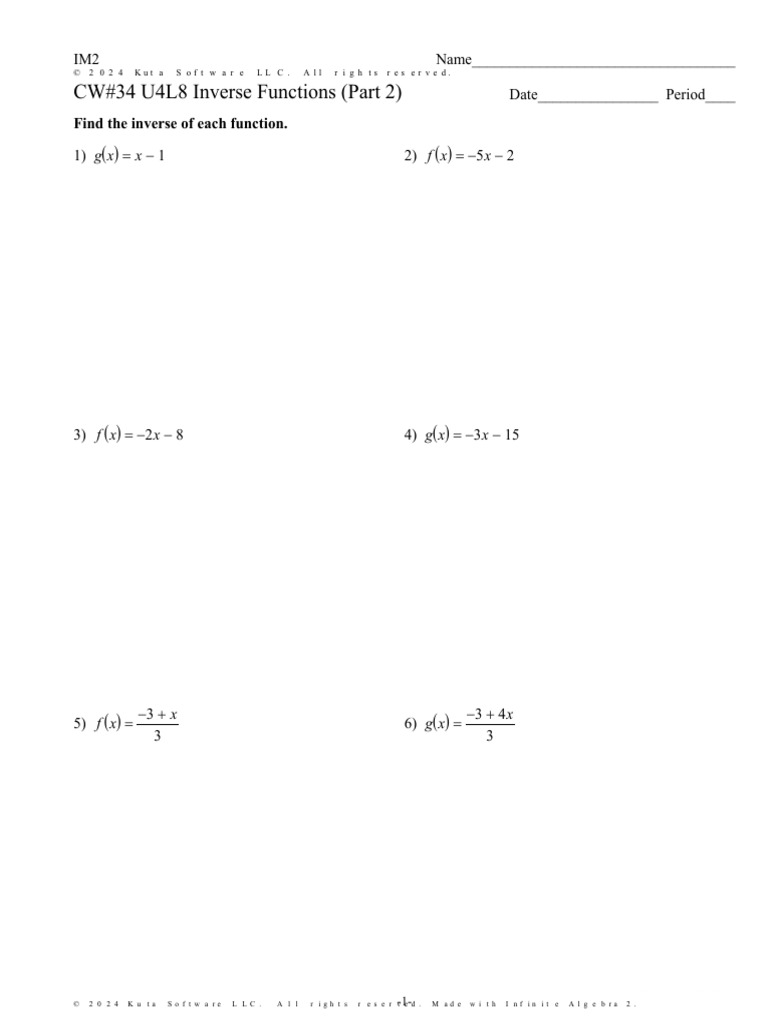 IM2 CW#34 U4L8 - Inverse Functions Practice | PDF | Functions And ...