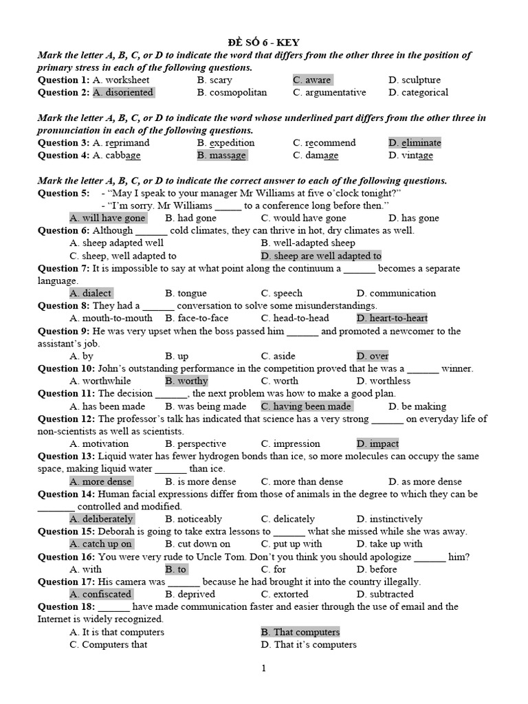 ĐỀ SỐ 6 - KEY | PDF | Tourism | Family Planning