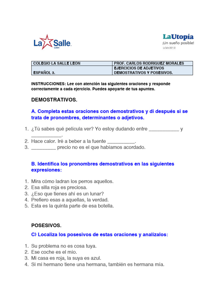 01 Ejercicios Adjetivos Demostrativos y Posesivos | PDF