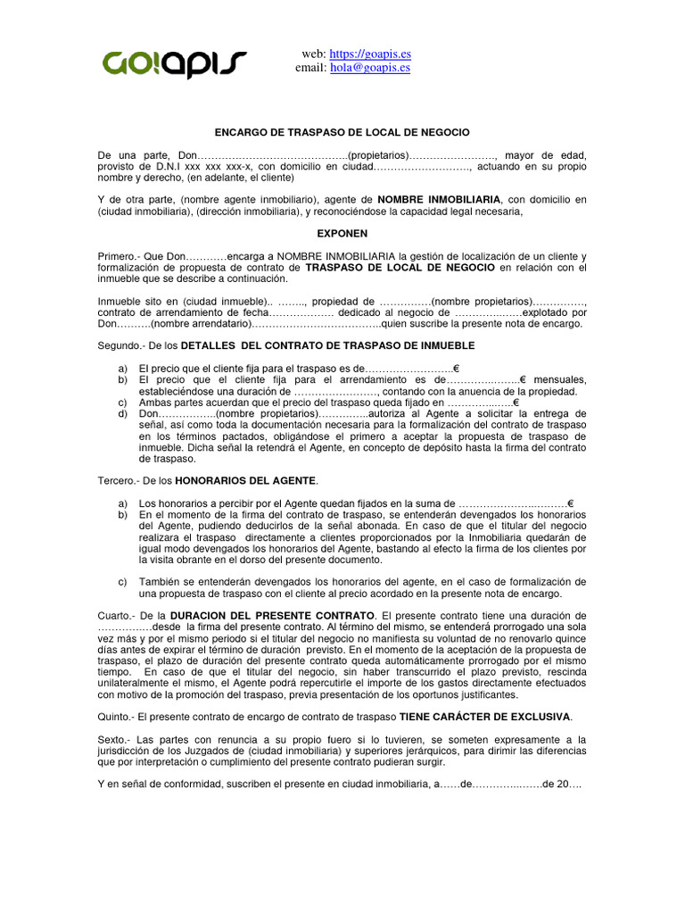 Nota Encargo Traspaso Local Negocio Con Exclusiva | PDF