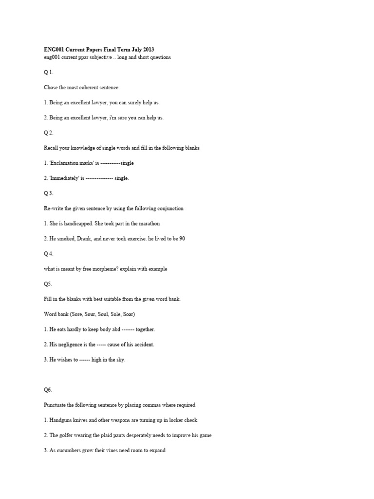 Eng001 Past Final | PDF | Subject (Grammar) | Verb