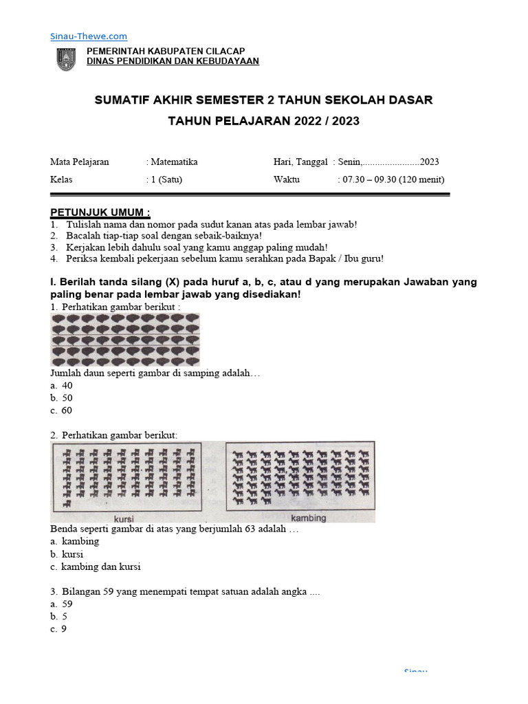 Naskah Soal SAS-PAS Genap Matematika Kelas 1 Tahun 2023 | PDF