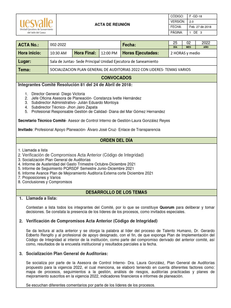 Acta 002 Reunion 25 de Febrero 2022 | PDF | Auditoría