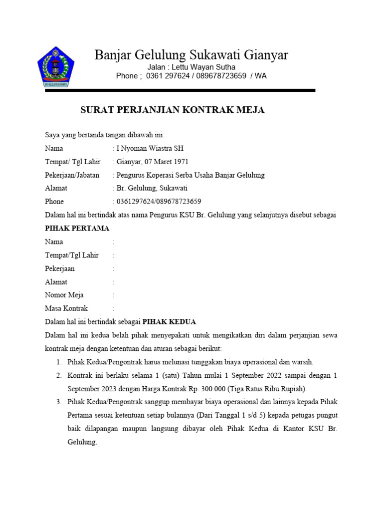 Surat Perjanjian Sewa Kontrak Meja | PDF