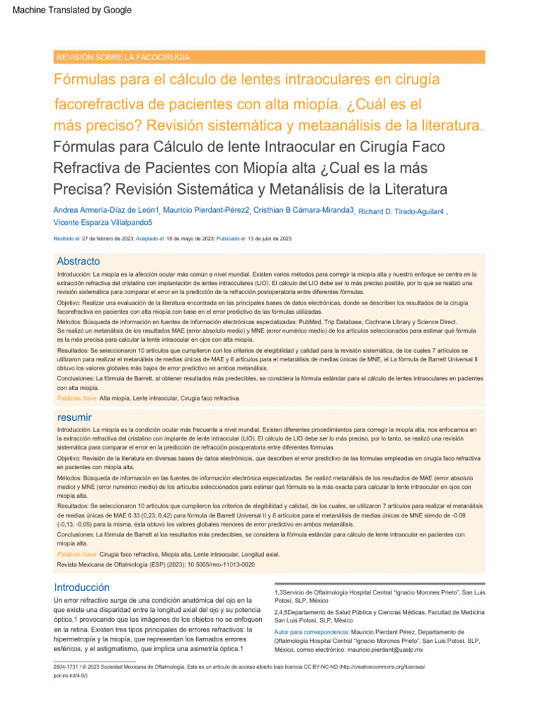 Fórmulas Precisas para LIO en Miopía Alta | PDF | Lentes | Metaanálisis