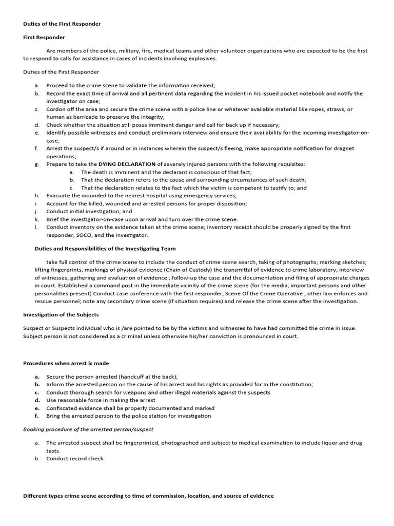 First Responder Duties at Crime Scenes | PDF | Crime Scene | Arrest